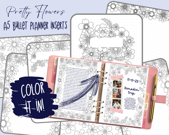 Pretty Flowers A5 Colouring Page Planner Inserts | For six-ring binder ...